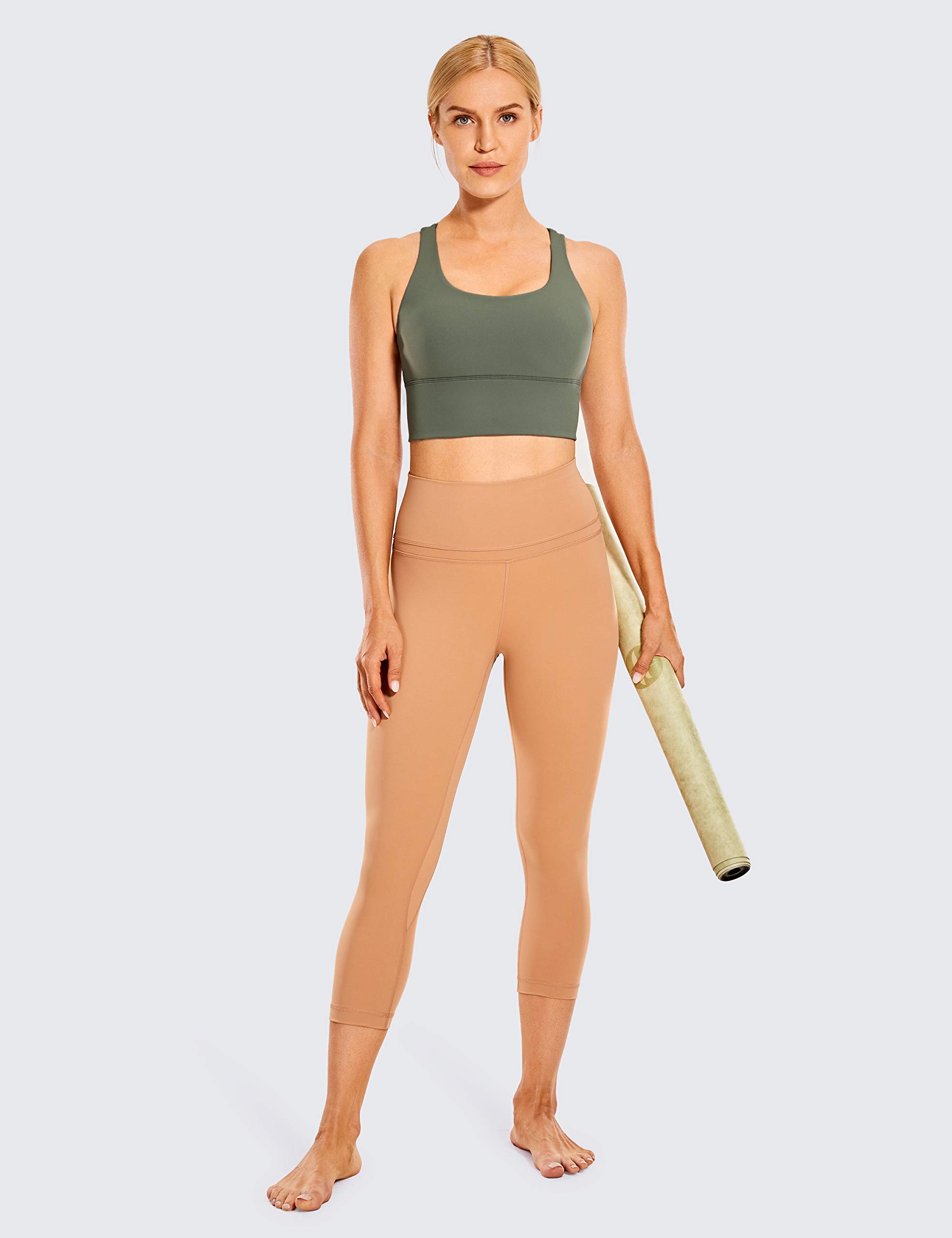 CRZ YOGA Women's Strappy Longline Sports Bras - Wirefree Padded Medium Impact Workout Crop Tank Top Grey Sage Large