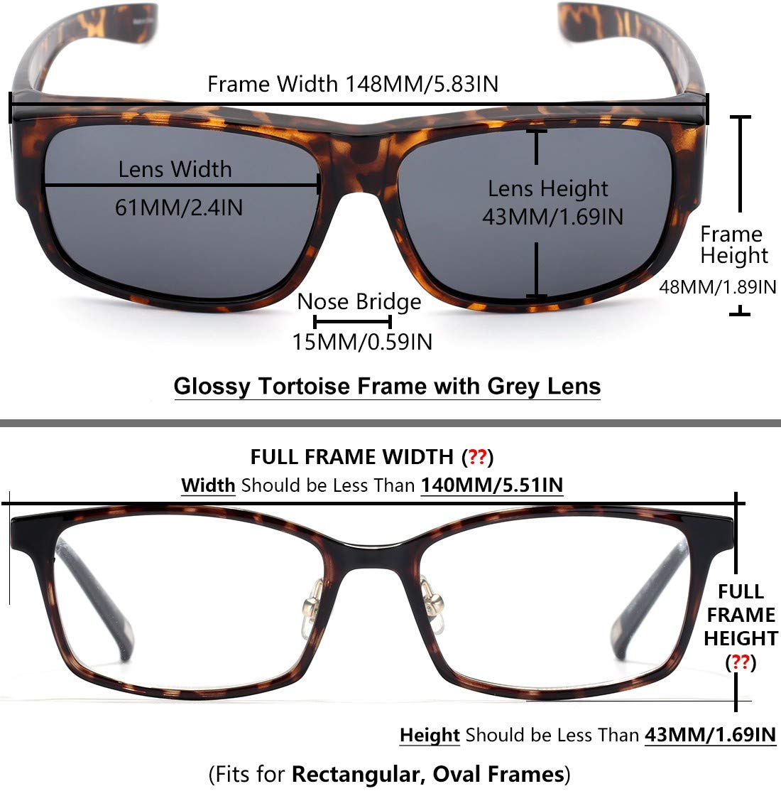 CAXMAN Oversized Fits Over Sunglasses Mirrored Polarized Lens for Prescription Glasses with Soft PU Case, Black Frame Black Lens, Size 55mm