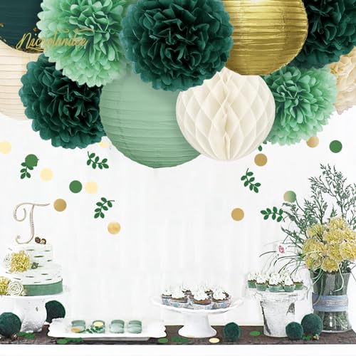 NICROLANDEE Wedding Party Decorations - 12PCS Emerald Green Hanging Tissue Pom Poms Gold Foil Dots Paper Lantern Confetti 30G for Rustic Style Bridal Shower Birthday Botanical Baby Shower Decorations