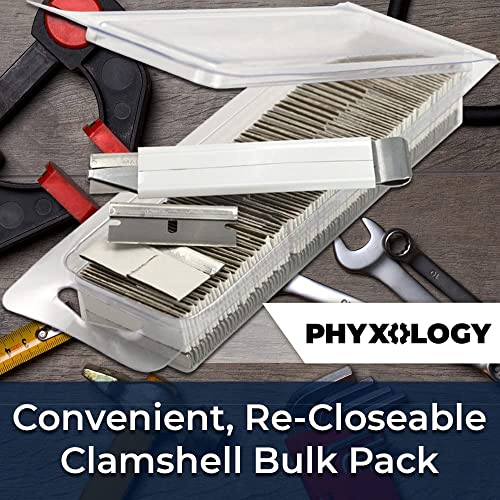 Ultra Sharp, USA-Made Steel Razor Scraper Blades Bulk 100 Pack by Phyxology Supply with Cardboard Carton Cutter Tool! Strong Single Edge 1.5 in Blade for Scrapers and Cutting Tools in a Safe Reclosable Box