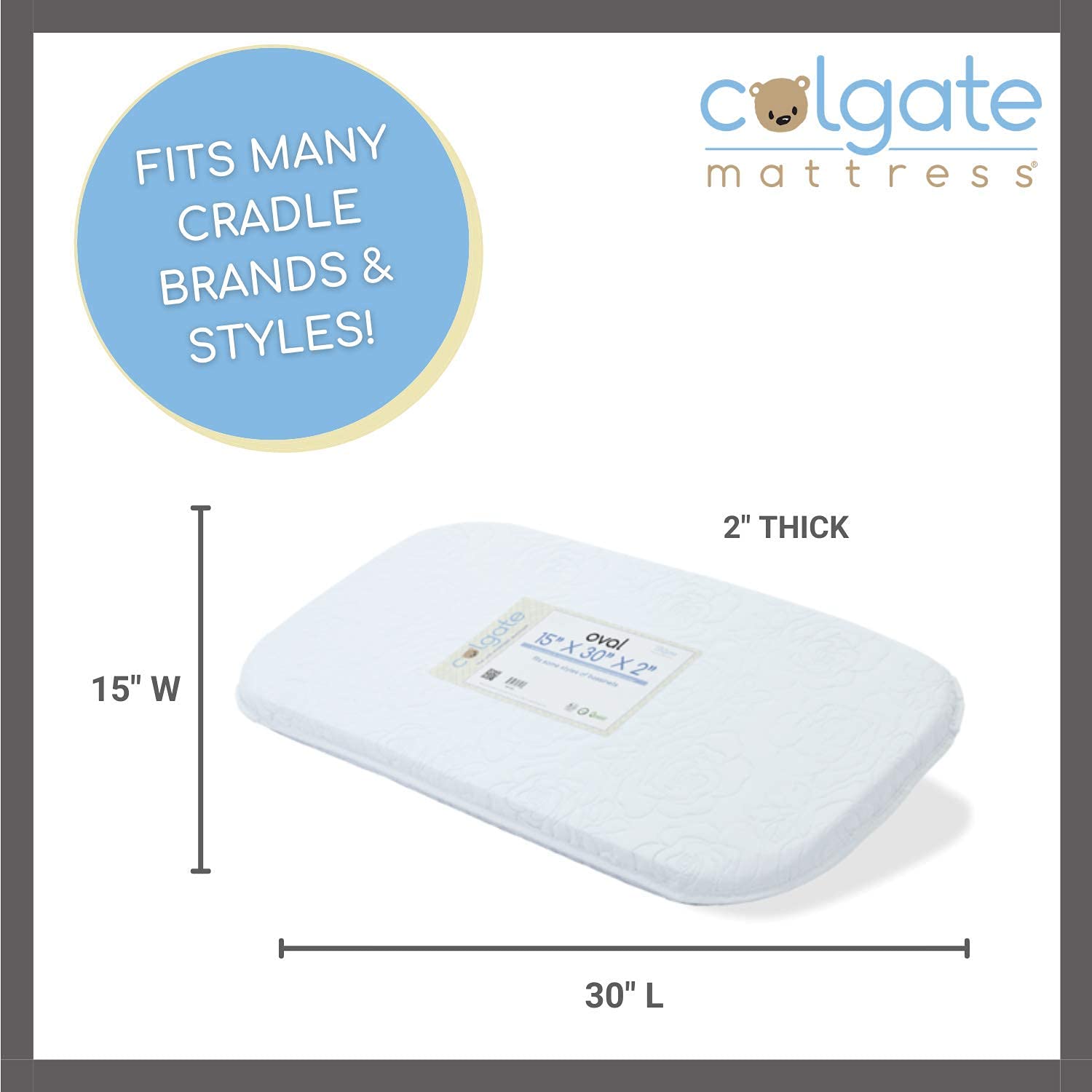Colgate Mattress Cradle & Bassinet Mattress - GREENGUARD Gold Certified, Reversible Bassinet Pad with 2β Thickness, Wrapped in Waterproof Quilted Cover - 15β X 30β X 2β