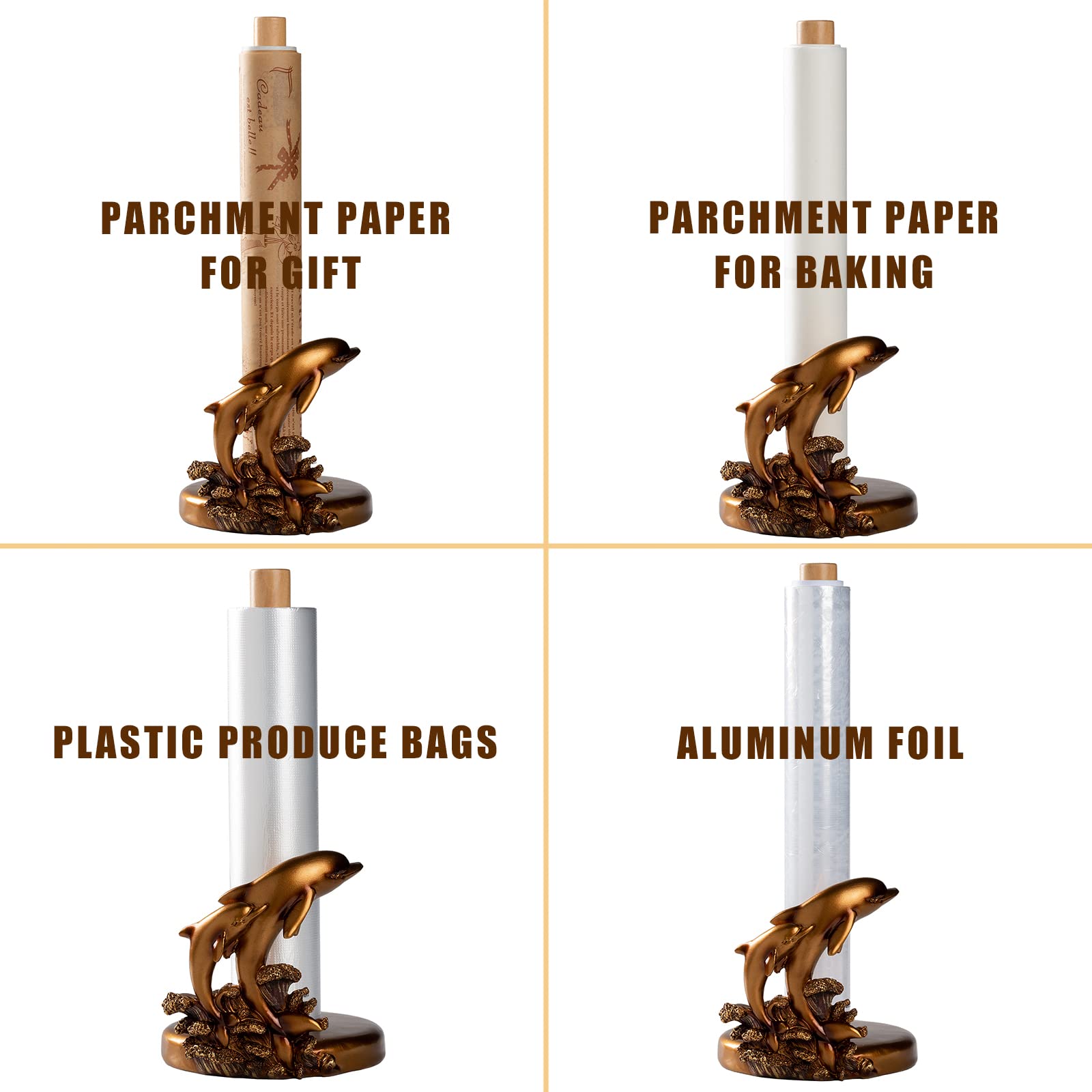 Dolphins Paper Towel Holder Countertop, Standing Paper Towel Holder for Kitchen Farmhouse Decor, with Weighted Resin Base Sturdy (Bronze)