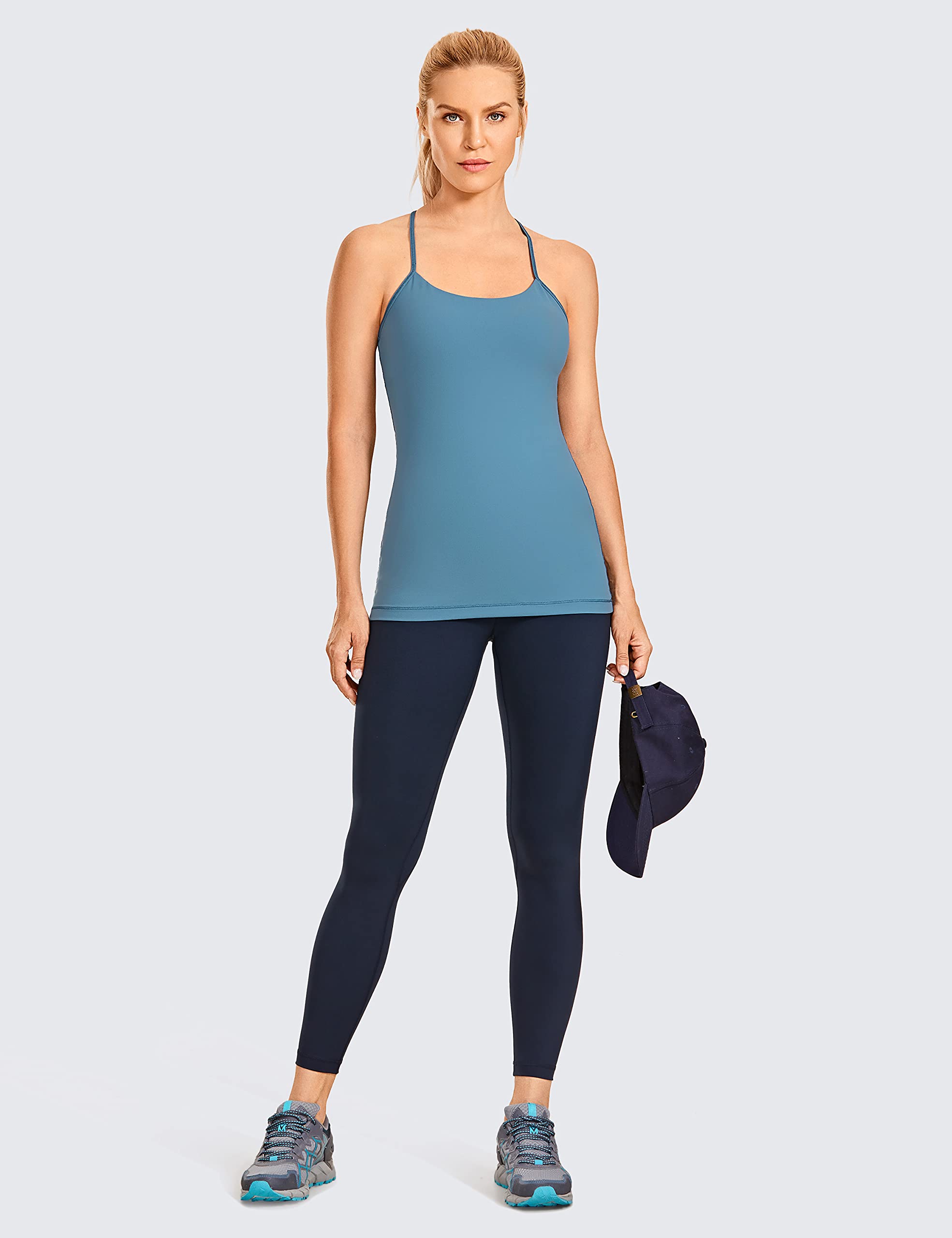 CRZ YOGA Women's Y Back Spaghetti Strap Workout Tank Tops - with Built in Shelf Bra Sports Camisole Padded Long Length Quicksand Medium