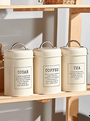 schonee Beige Kitchen Canisters, Rustic Farmhouse Canisters Set for Dry Food Storage, Metal Countertop Storage Jar, Set of 3 Coffee Sugar Tea Storage Containers(Set of 3 (Ivory White))