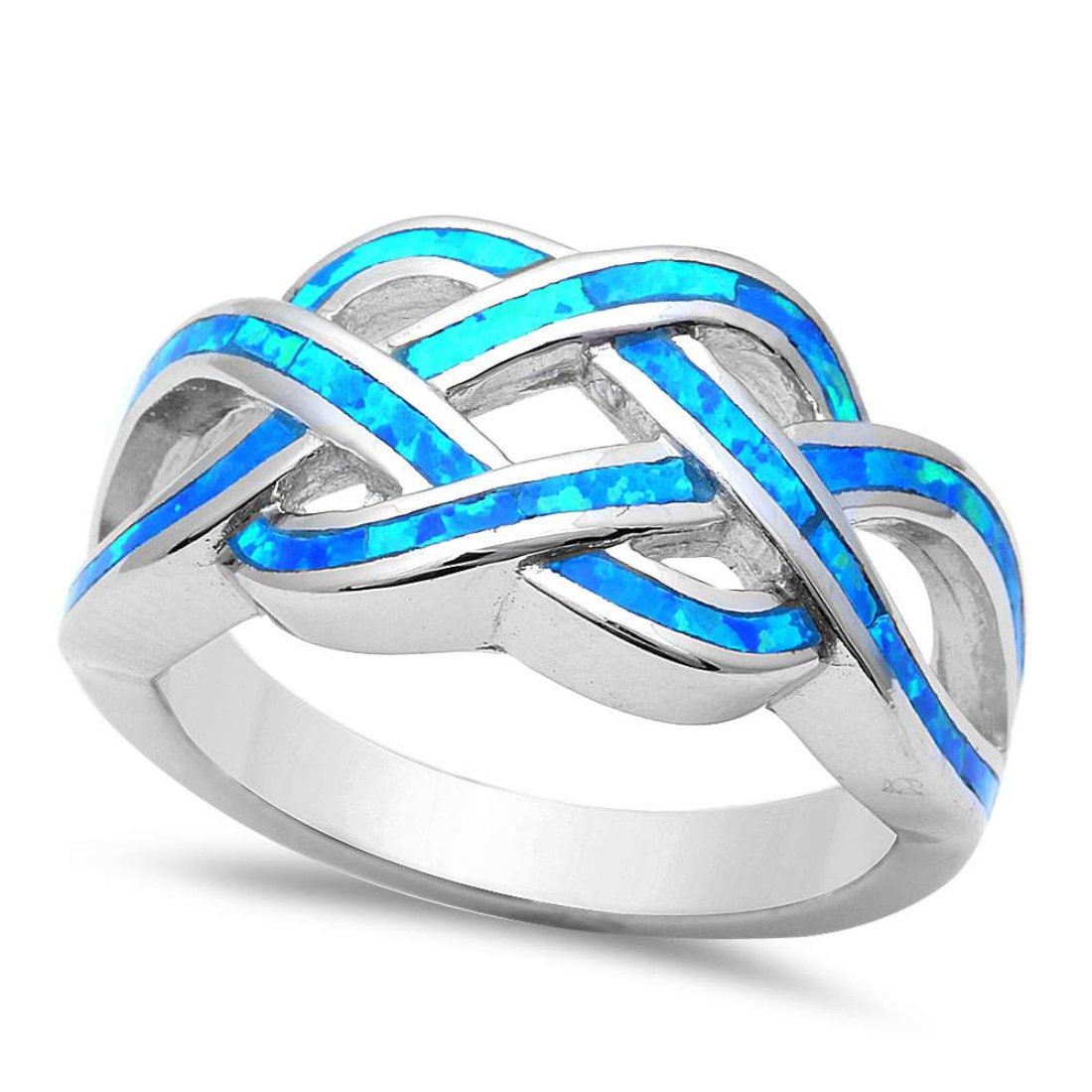 Crisscross Infinity Celtic Created Blue Opal Ring 925 Sterling Silver, Size - 5