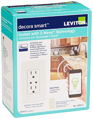 Leviton DZR15-1RZ Decora Z-Wave Controls 15-Amp Tamper Resistant Split Duplex Receptacle, White/Light Almond