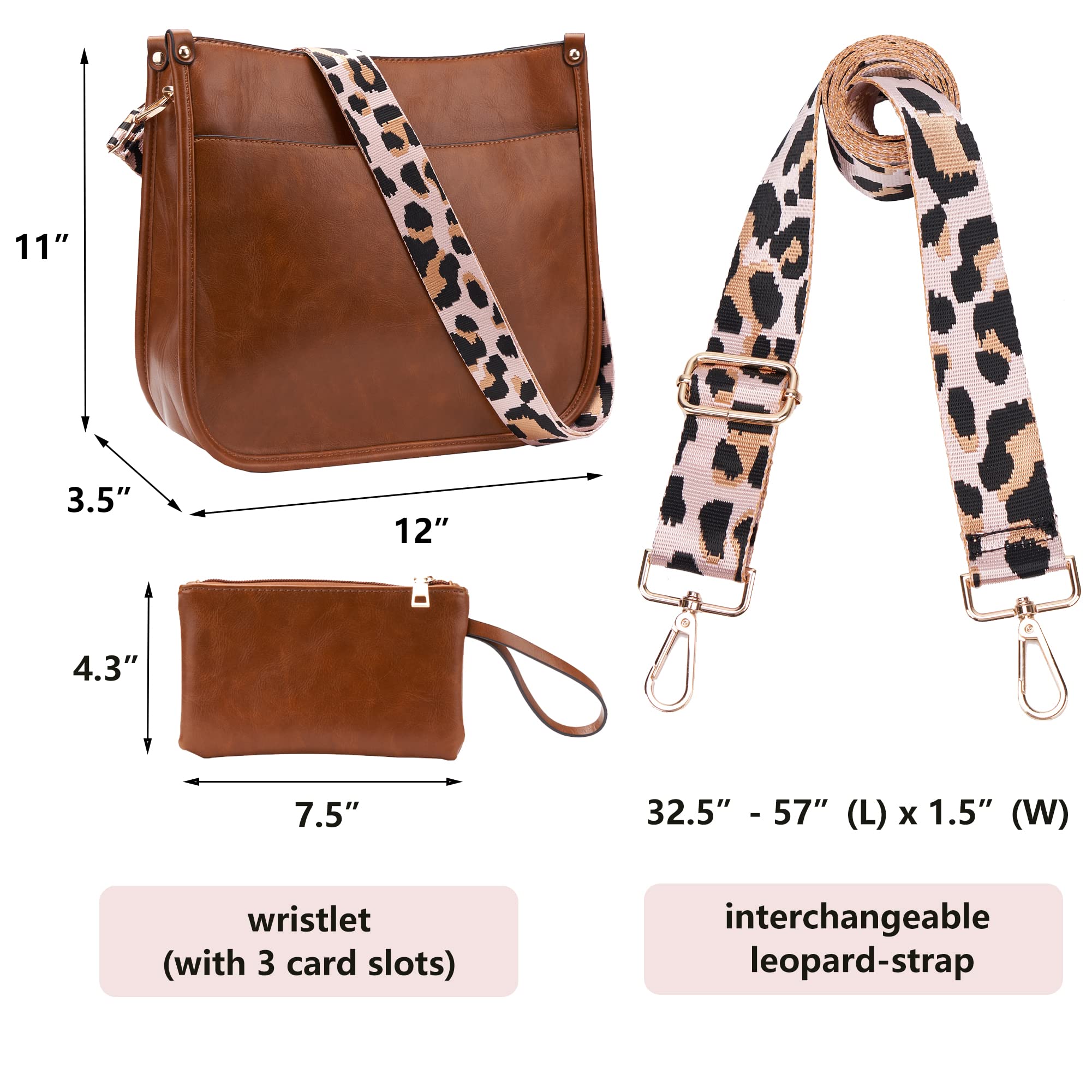 Erihop Vegan Leather Crossbody Bags for Women, Top Zipper Closure Cross Body Purses with Interchangeable Leopard Strap, Brown