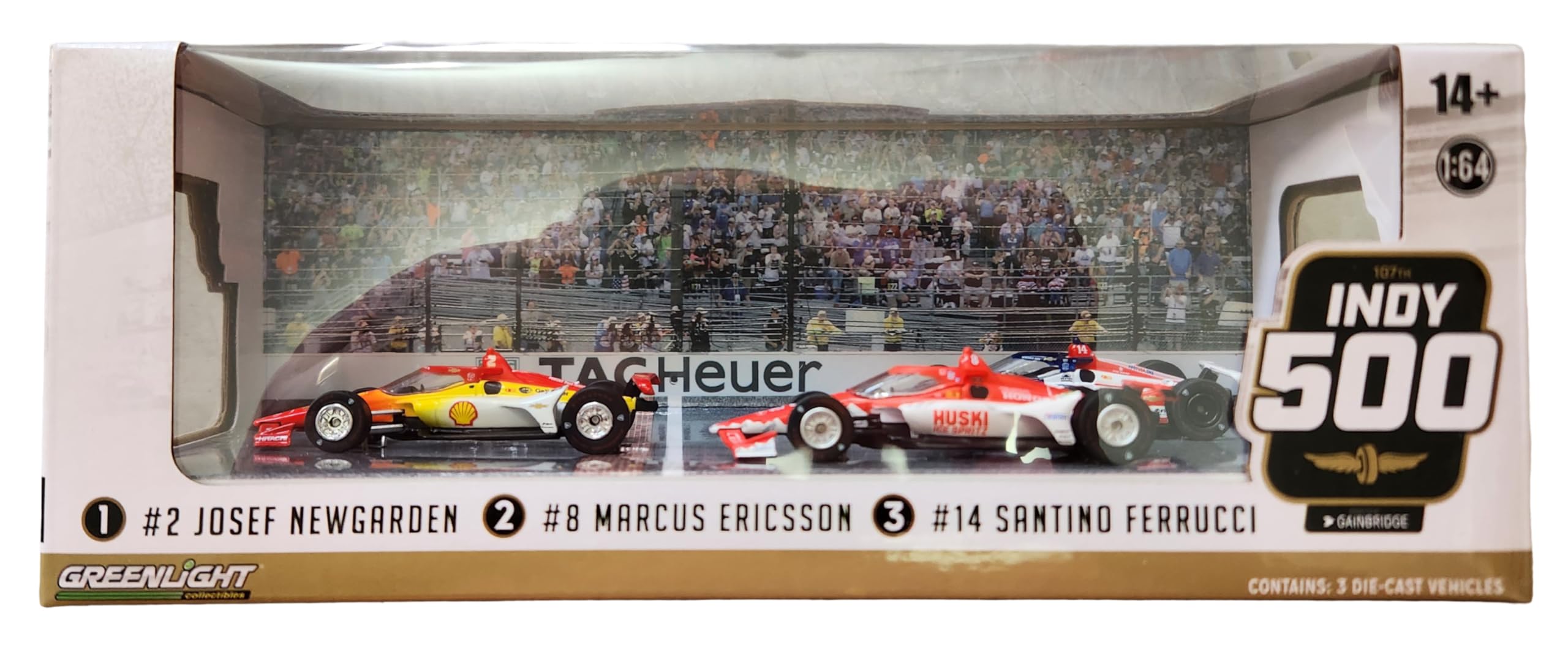 Greenlight 11581 2023 Indianapolis 500 Podium 3-Car Set #2 Josef Newgarden, 8 Marcus Ericsson, 14 Santino Ferrucci 1:64 Scale Indy 500 in Diorama Display Box