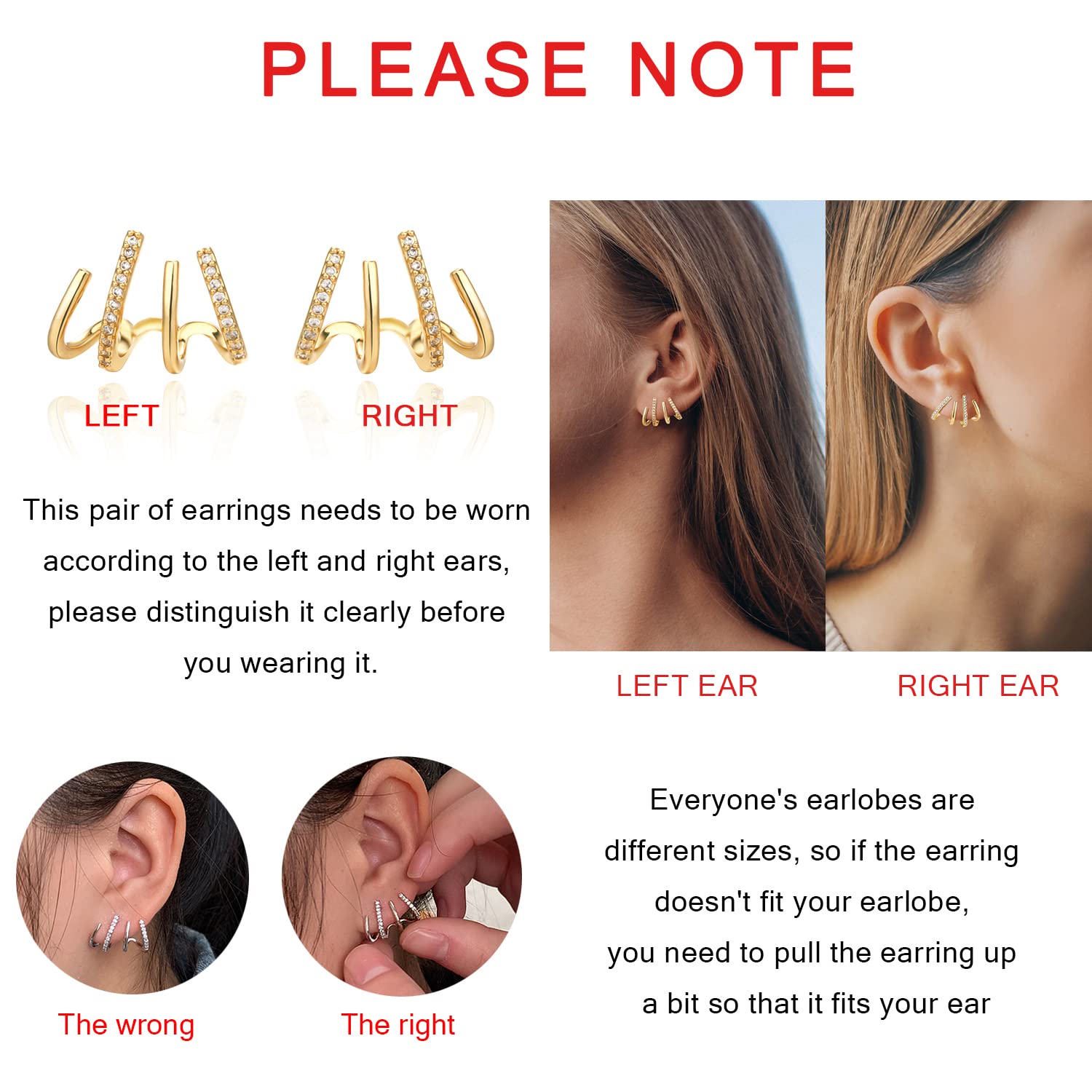 Claw Earrings for Women Zircon Needle Stud Ear Cuffs Multi Hoop Earrings (Gold & Silver)
