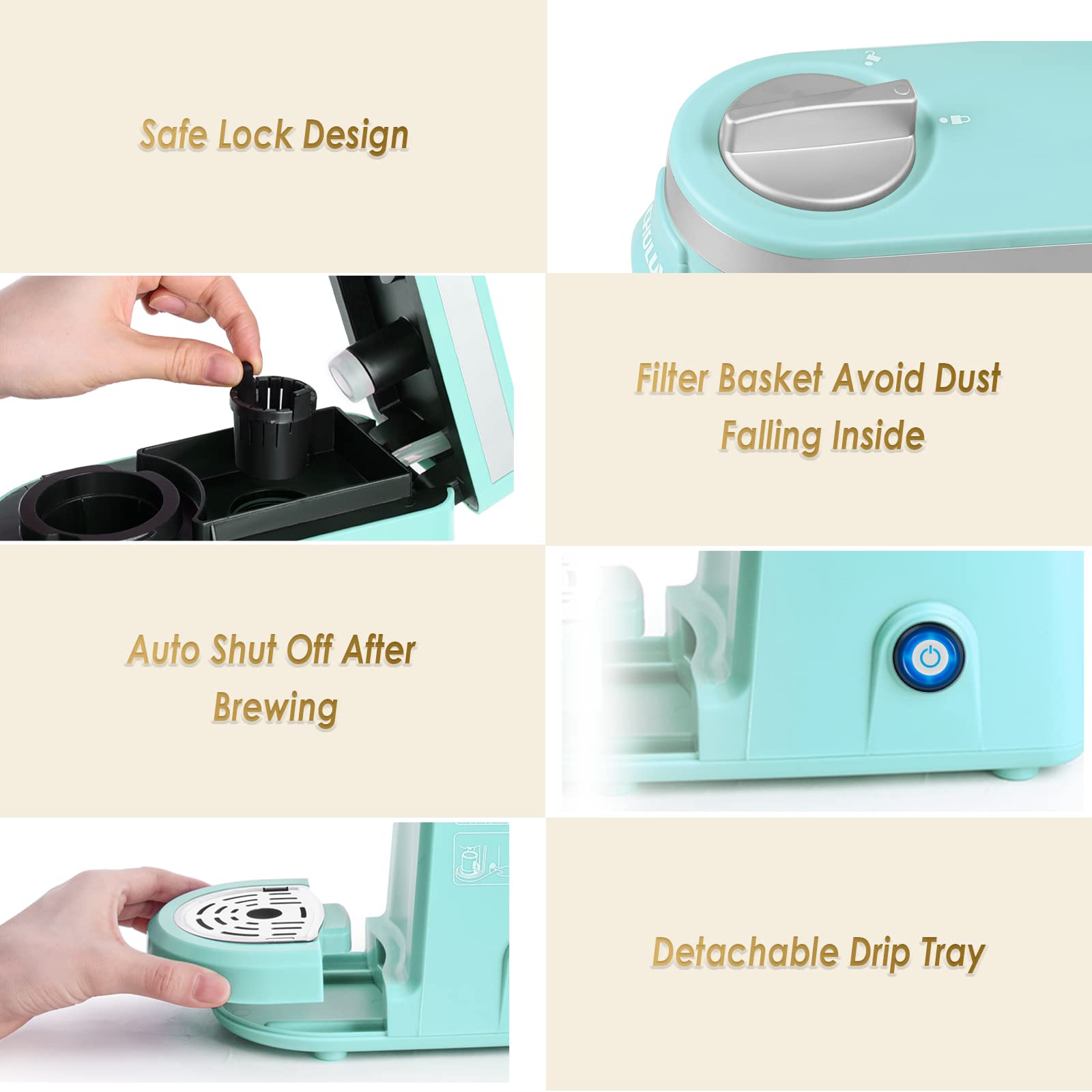 CHULUX Single Cup Coffee Maker with Milk Frother,One Button Operation Compact Coffee Machine with Auto Shut-Off for Capsule or Ground Coffee,Cyan