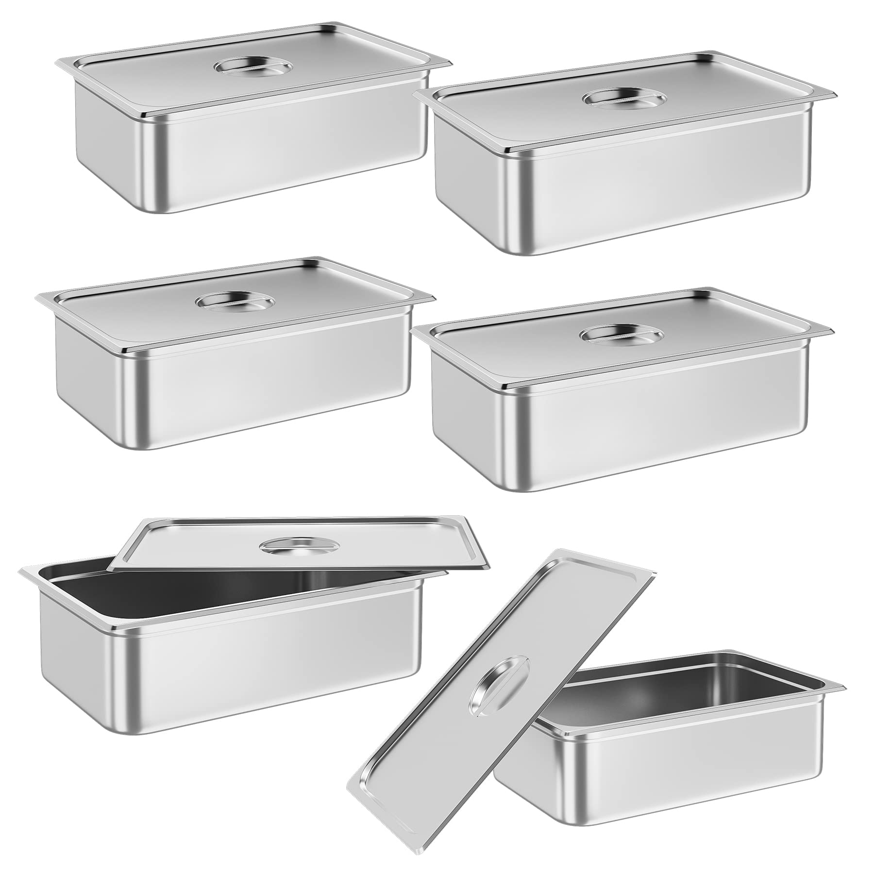 KYBOLT 6 Pack Steam Table Pan Full Size Hotel Pan, [NSF Certified][with Lid] Catering Food Pan Commercial Stainless Steel 6 Inch Deep Anti-Jamming