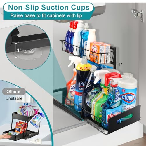 COYETH Under Sink Organizer, Height Adjustable Metal 2-Tier Pull Out Cabinet Organizer Under Kitchen Sink Organizer, L Shaped Slide Out Sink Shelf, Under Cabinet Storage for Kitchen Bathroom
