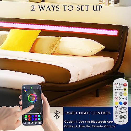 HAUSHECK King Size Upholstered Platform Bed, LED Bed Frame with Lights Headboard, Modern Faux Leather Bedframe No Spring Box Needed for Kids, Teen & Adults, King Beds with Strong Wood Slats Support