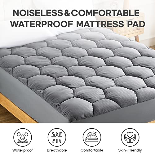 SONIVE Waterproof Mattress Pad Ultra Fluffy Soft Breathable Noiseless Quilted Fitted Mattress Protector Premuim Alternative Filling Topper Deep Pocket up to 21'' (Grey, Queen)