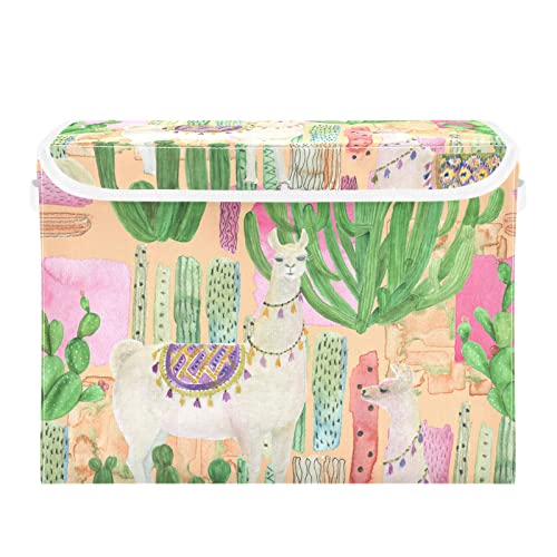 innewgogo Watercolor Painting Llamas Storage Bins with Lids for Organizing Foldable Storage Box With Lid with Handles Oxford Cloth Storage Cube Box for Car
