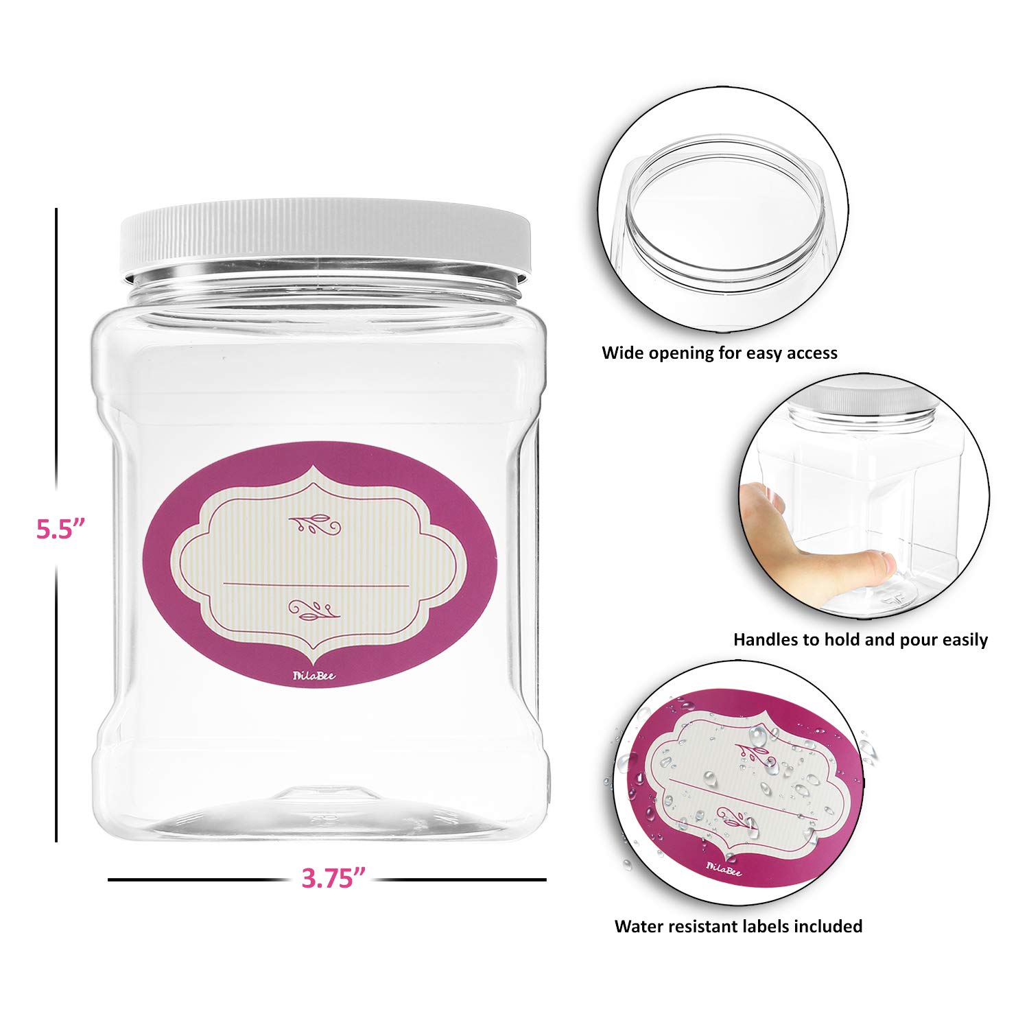 DilaBee Clear Plastic Storage Jars with Lids - 3 Pack - Square Plastic Containers with Airtight Lids - Canisters with Pinch Grip Handles - BPA-Free - 64 Oz