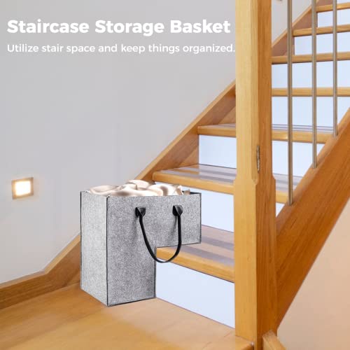 GEKMOR Foldable Felt Stair Basket for 16” Stairs, Large Staircase Baskets with Faux Leather Handles, Stairlift Basket for Wooden Stairs, Storage, Organizer, Home Decor