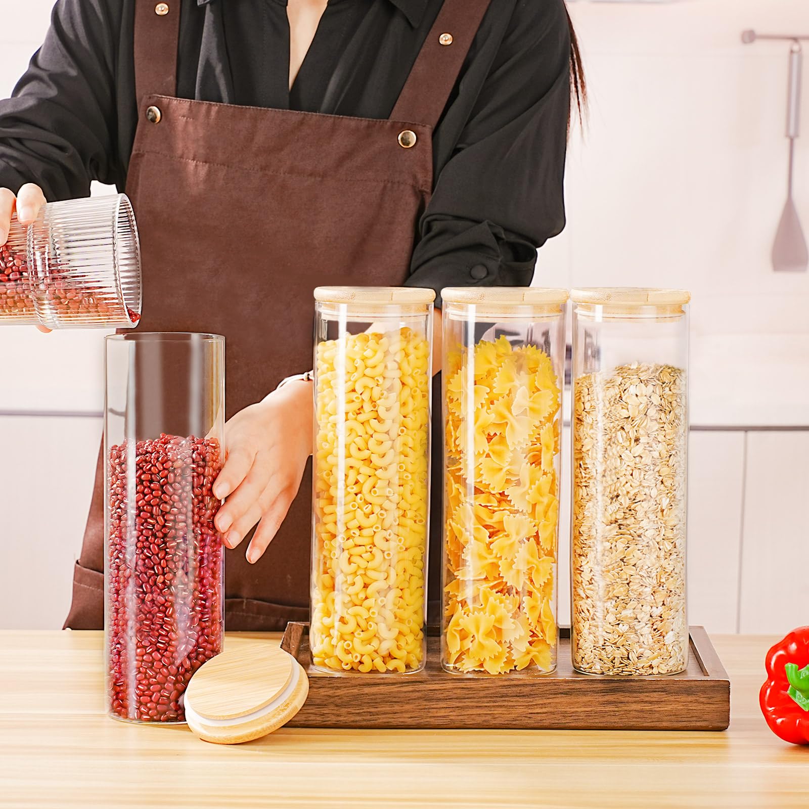 GTJ Glass Storage Containers with Lids, 38oz Set of 8, Glass Jars with Bamboo Lids, Flour Sugar Storage Containers, Airtight Food Storage Containers for the Kitchen, Cereal Containers Storage