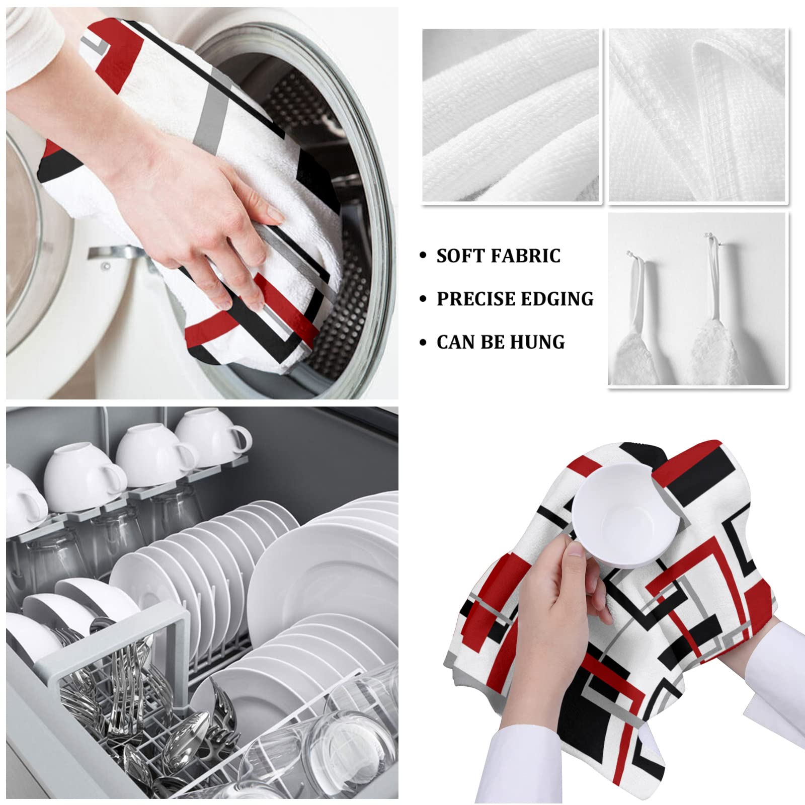 DOME-SPACE Dish Washing Towels Absorbent Kitchen Towels Dishcloths Sets Modern Red Abstract Black Grey Geometric Texture Lint Free Cleaning Cloths 2 Pack for Dining Room Cafe (28x18 Inch)