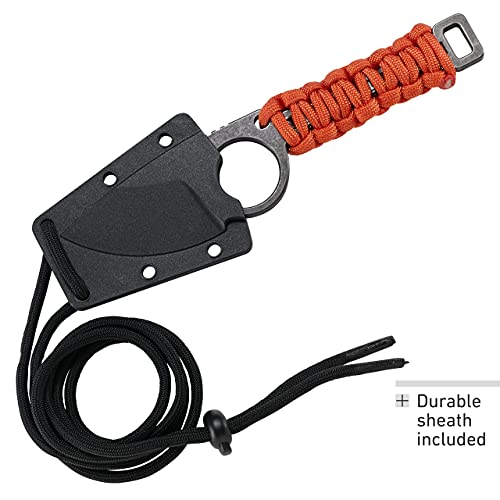 CRKT Tailbone EDC Knife: Everyday Carry Fixed Blade Drop Point Knife with Black Stonewash Finish, Orange Cord Wrapped Handle, Sheath 2415
