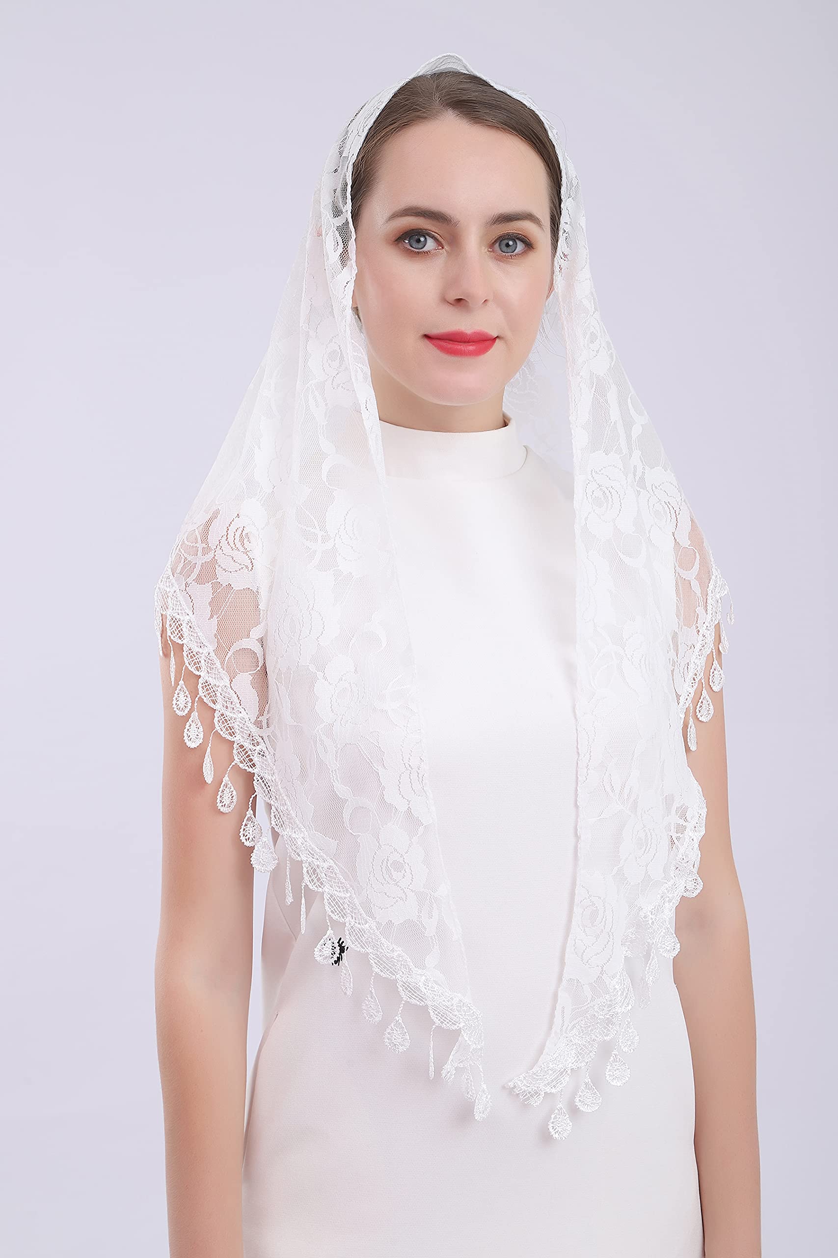 Cilkus Lace veil Mantilla veil Shawl or Scarf Latin Mass Head Cover with Fringed lace (White)