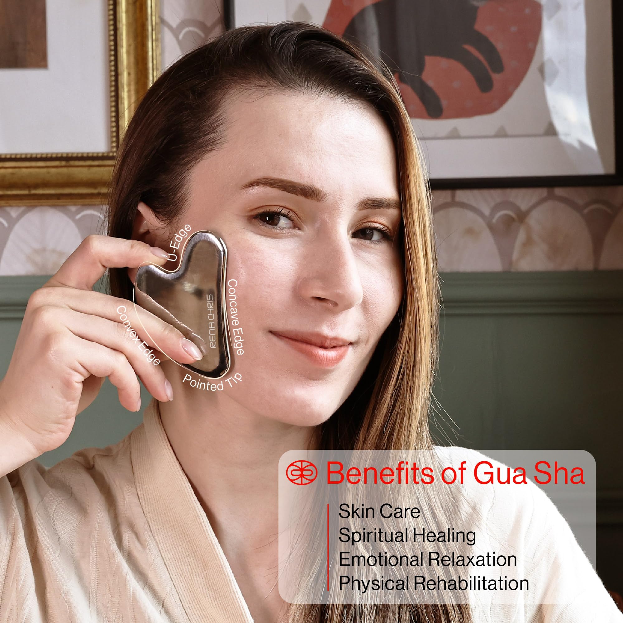 Rena Chris Gua Sha Facial Tools, Stainless Steel Guasha Tool for Acupuncture, Manual Massage Sticks for Jawline Sculpting and Puffiness Reducing, Gua Sha Scraping Massage Tool, Skin-Care Tool (Sliver)