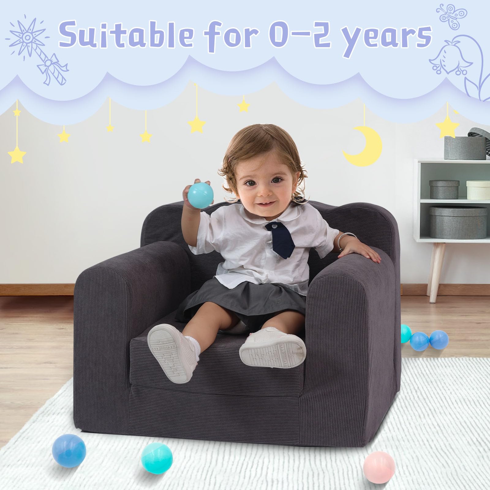 Parkside Wind Toddler Folding Couch,2-in-1 Flower Shaped Sofa Convertible Sofa Recliner, Comfortable Flip-up Sofa, Suitable for 0-2 Years Old Toddler Couch(Gray)…