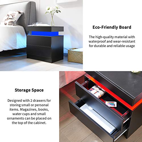 Generic Nightstand LED Set of 2 Bedside Table Cabinet with Lights Modern End Side Drawers for Bedroom (Black), 13D x 19W 20H in (JCFDB)