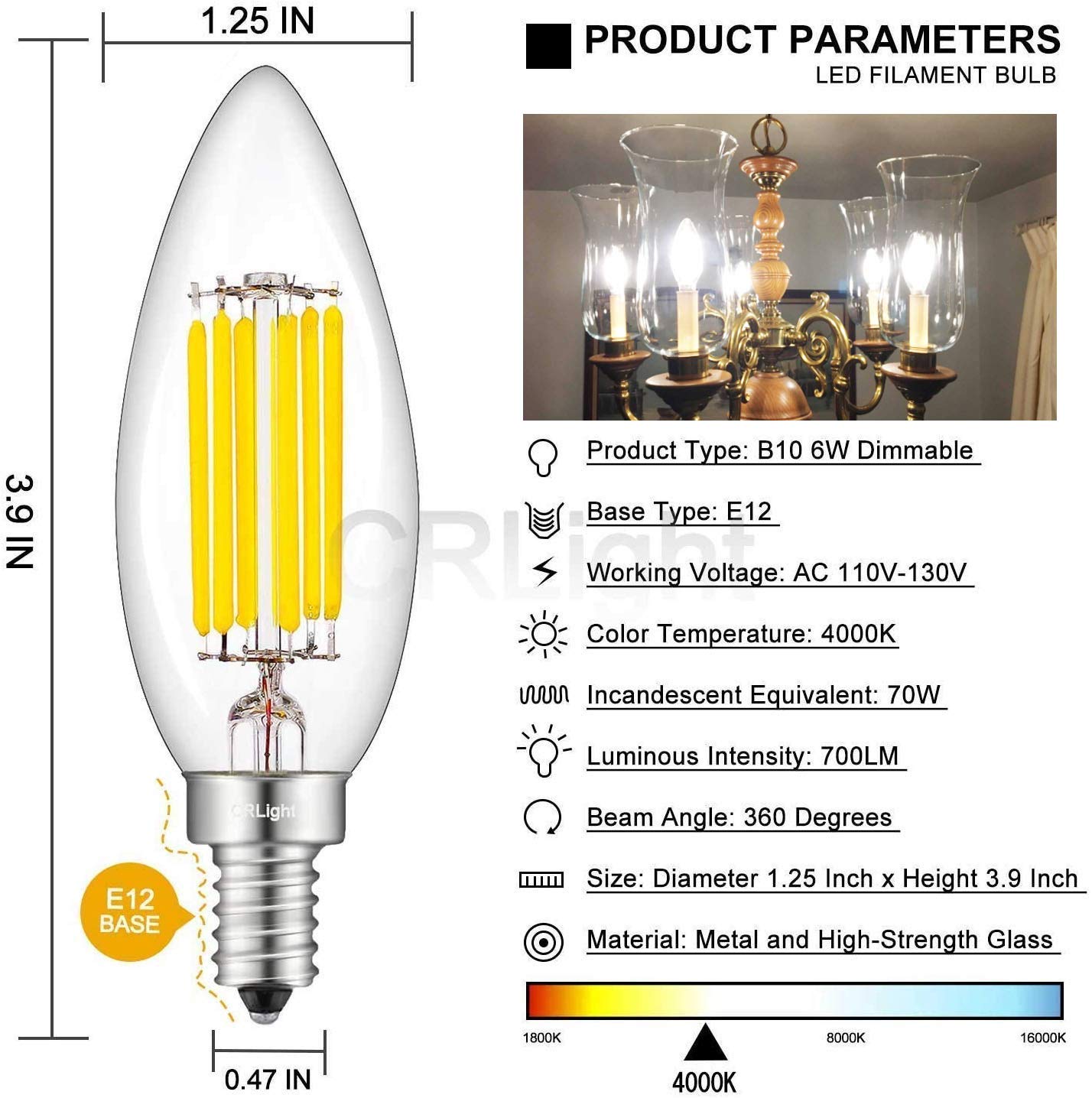 CRLight 6W LED Candelabra Bulb 4000K Daylight White, 70W Equivalent 700LM Dimmable, E12 Vintage Edison Clear Glass B10 Candle Torpedo Shape Bullet Top LED Chandelier Light Bulbs, Pack of 6