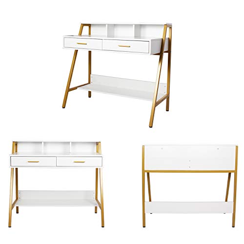 COZUHAUSE White and Gold Modern Computer Desk Simple 39 inch Home Office Desk Writing Desk with R Shaped Metal Legs,2 Storage Drawers Makeup Vanity Study Console Table