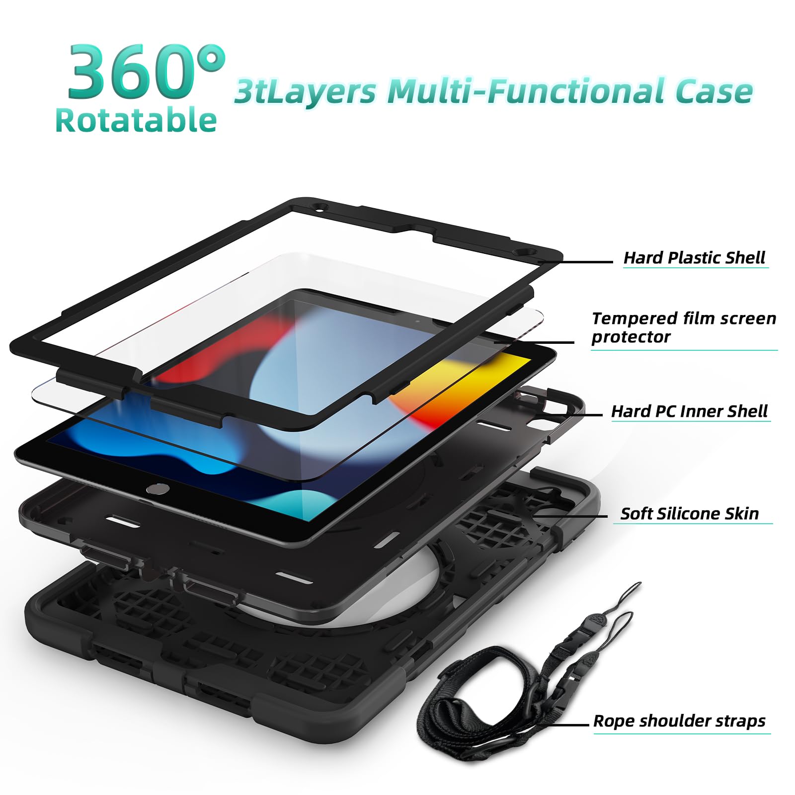 EayCoul for iPad 9th Generation Case/8th/7th Generation Case [iPad 10.2 Case 2021/2020/2019] with Tempered Glass Screen Protector/Pencil Holder iPad 10.2 with Rotating Stand (Rainbow Pink)