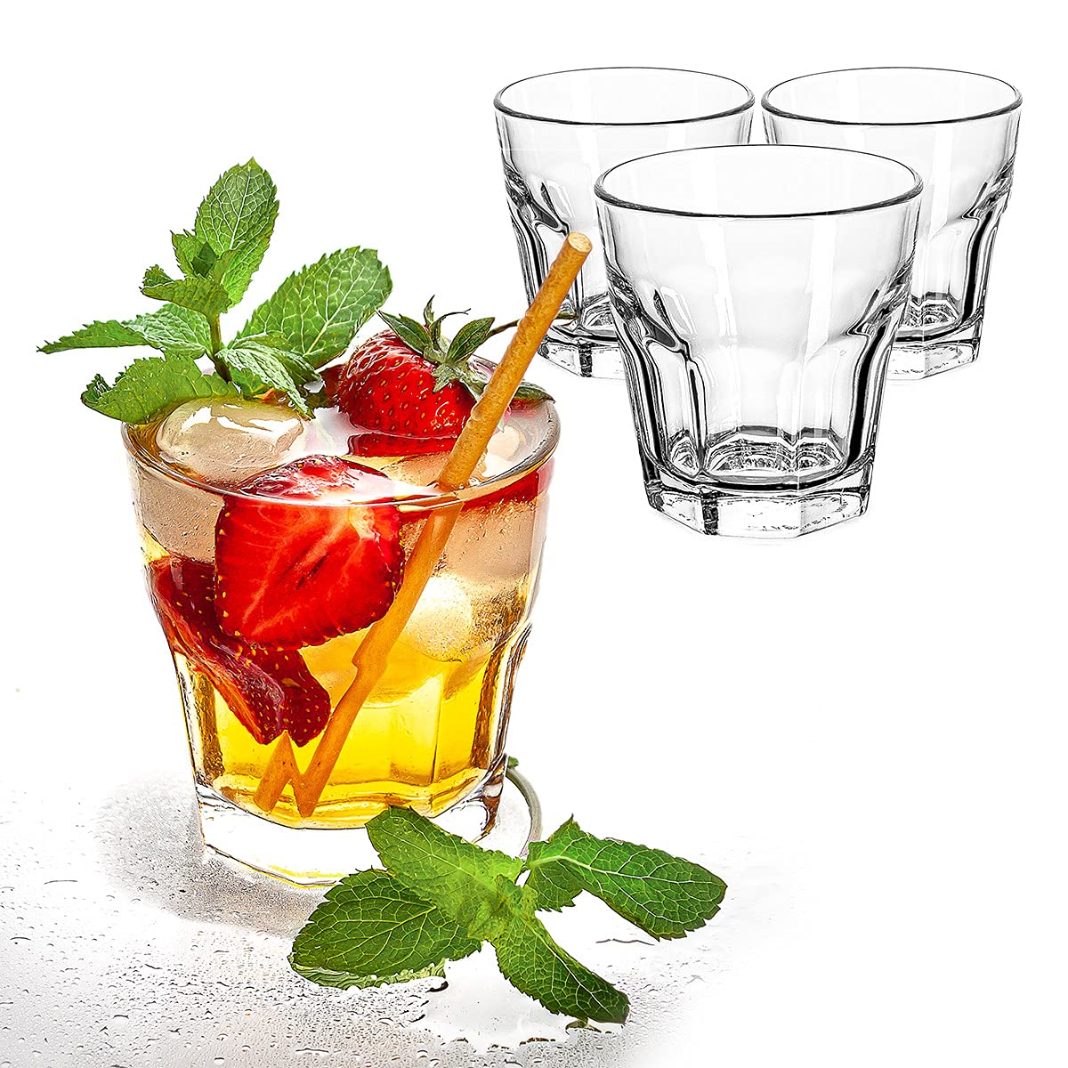 ECODECO 4 Cocktail Glasses - 9 Ounce - Gibraltar Old Fashioned Rocks Tumblers - w/Straws