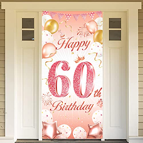 DPKOW Rose Gold 60th Birthday Party Decoration for Woman, Rose Gold 60th Birthday Banner for Backdrop Door Decoration,60th Birthday Background Banner for Garden Wall Decoration, 185 x 90cm Fabric