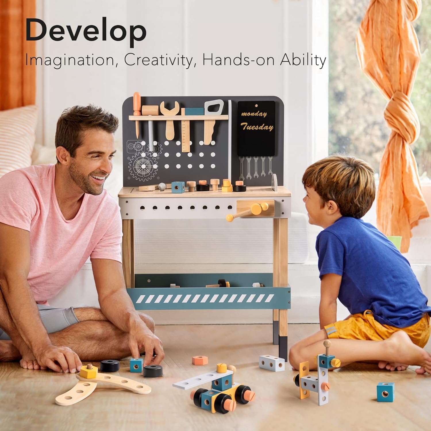 ROBUD Tool Bench Set for Toddlers Wooden Workbench Toy Workshop Construction Tools Bench Creative Pretend Play Toys Education Gift for Kid Boys Girls