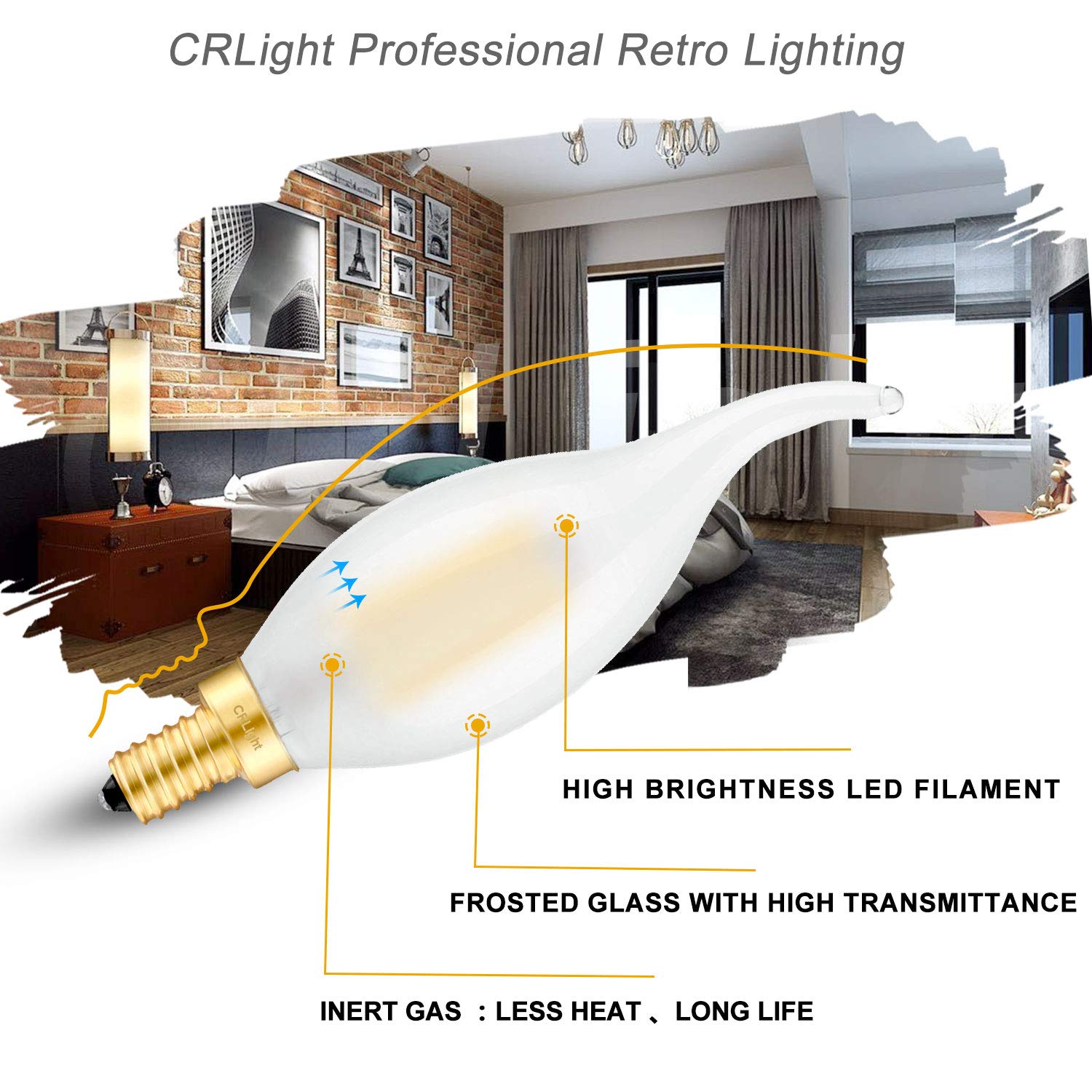 CRLight 2W LED Candelabra Bulb 3000K Soft White 25W Equivalent 250 LM, E12 Dimmable LED Chandelier Bulbs, Antique C35 Frosted Candle Flame Shape Bent Tip, 6 Pack