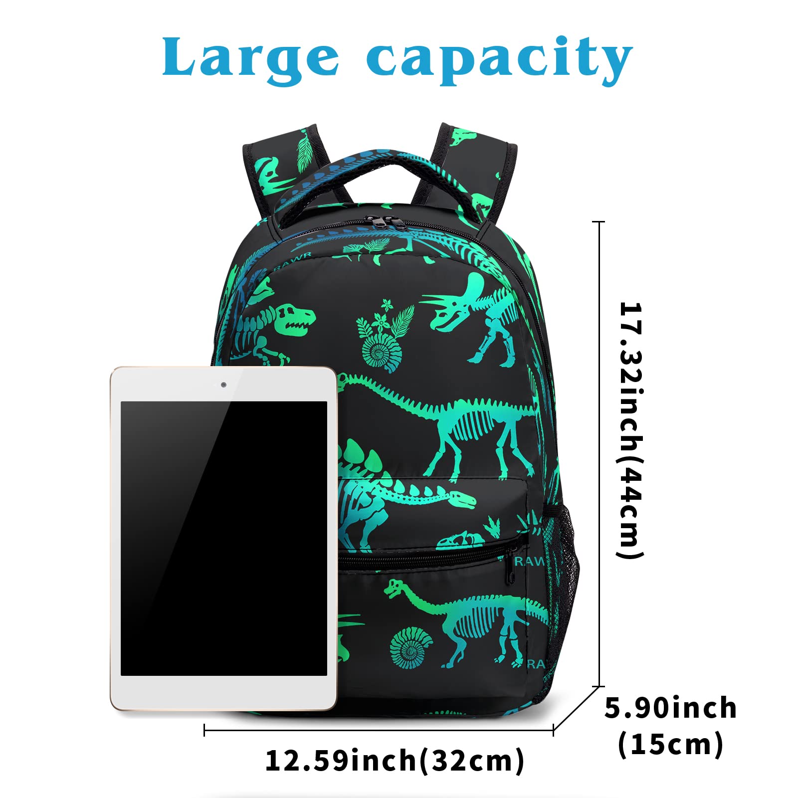 Dacawin Kids Backpack for Boys Girls Neon Green Dinosaur Skeletons Bookbag Kindergarten Preschool Nursery School Bag Lightweight Travel Back Pack