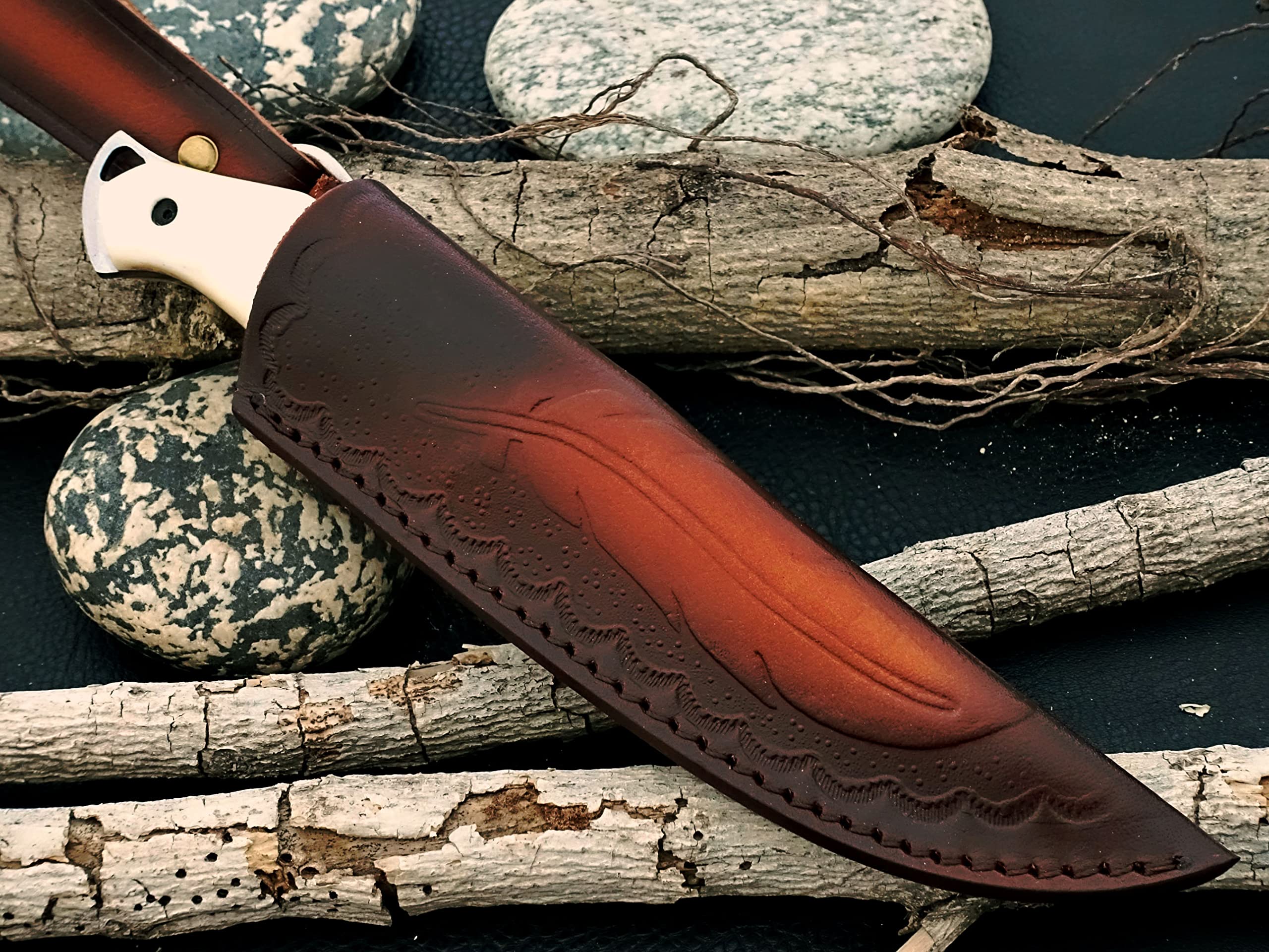 D2 Steel Hunting Knife Fixed blade knife Skinner Knife Camel Bone handle , Black Edge ,Bush craft, Camping, with Cowhide Leather Sheath – BW-4148