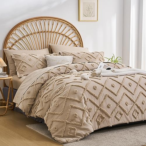 inron Khaki Queen Comforter Set Tufted Bed in a Bag Queen 7 Pieces,Geometry Shabby Chic Boho Comforter and Sheet Set.Jacquard Farmhouse Bedding for All Season(Khaki,90β*90β)