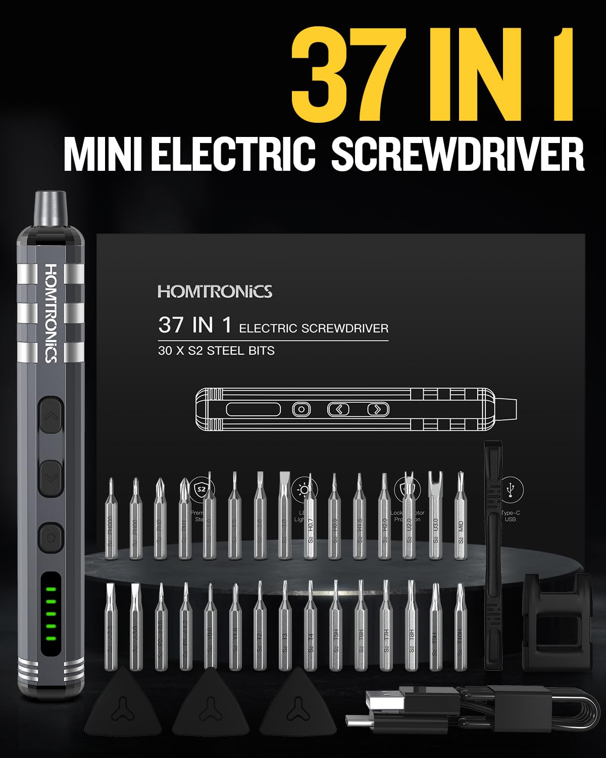 Homtronic Mini Electric Screwdriver Set, 37 in 1 Small Electric Screwdriver Kit Supporting Overload Protection, Precision Electric Screwdriver Cordless Repair Tool for Phone Camera Laptop Watch