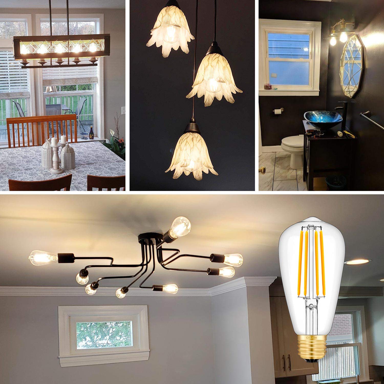 CRLight 8W Dimmable LED Edison Bulb 80W Equivalent 800LM, 3200K Soft White E26 Vintage Clear ST64 Lengthened Filament LED Bulbs, Smooth Dimming Version, 6 Pack
