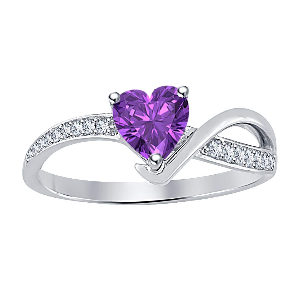 Dabangjewels Lovely Propose Day Heart Shaped Amethyst & White Diamond 14K White Gold Over .925 Sterling Silver Love Promise Ring for Women's