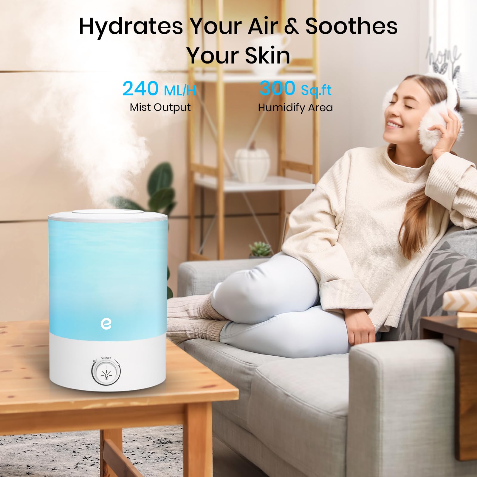 Esemoil Humidifiers for Bedroom, 2.5L Cool Mist Ultrasonic Air Humidifier with Top Fill & Quiet, 360ยฐ Nozzle, BPA Free, 25 Hour Diffuser with 8 Color Light & Auto Shut-off for Home Baby Nursery Plants