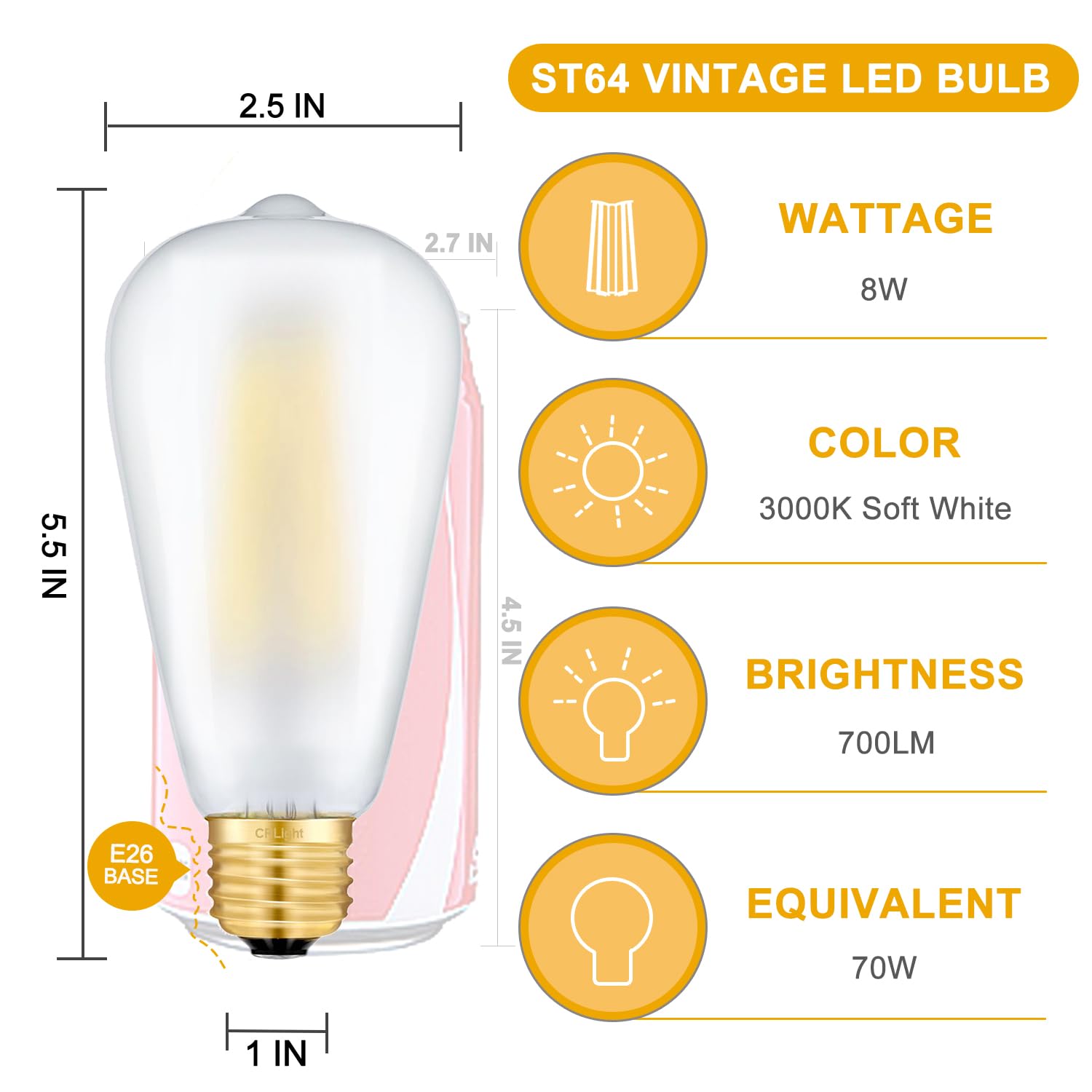 CRLight 8W Dimmable LED Edison Bulb 3000K Soft White, 70W Equivalent 700 Lumens, E26 Medium Base Vintage Style ST64 Frosted Glass Lengthened Filament LED Light Bulbs, Smooth Dimming Version, 6 Pack
