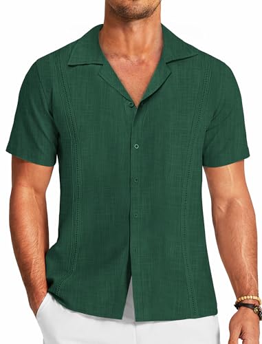COOFANDY Men's Cuban Guayabera Shirt Linen Short Sleeve Button Down Summer Shirt A - Dark Green