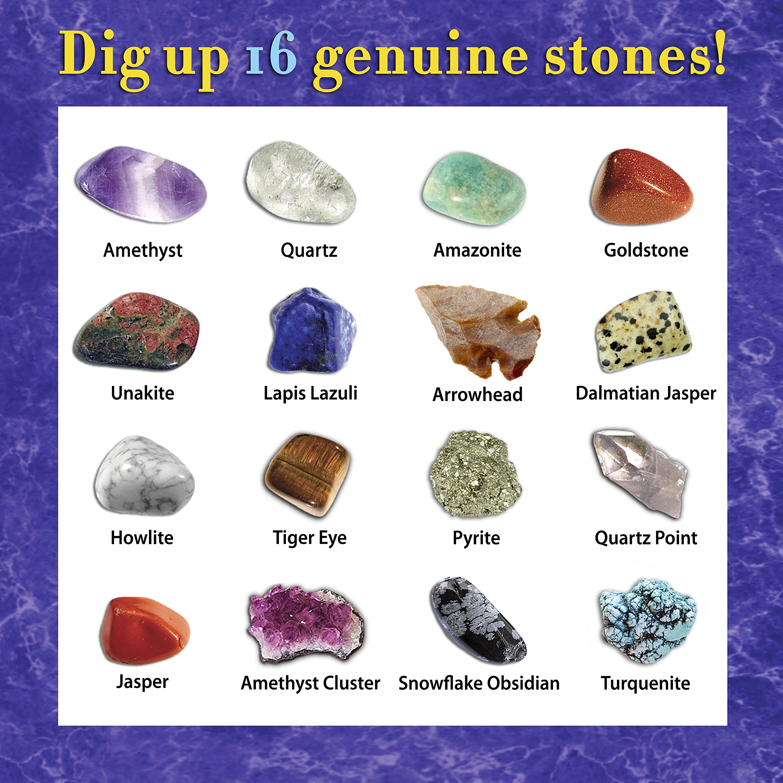 DANCING BEAR Gem Dig Kit - Excavate 16 Gems & Crystals Including Arrowheads, Quartz, Amethyst - STEM Education Gift Set for Kids