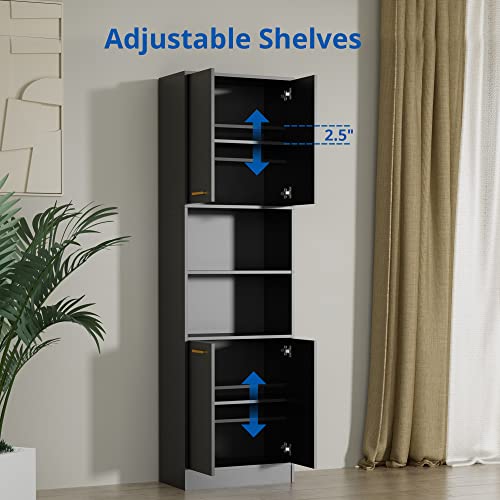 Cozy Castle Kitchen Pantry Storage Cabinet 75" Tall 4 Doors Wood Freestanding Cupboard with Open Countertop and Adjustable Shelves Utility Cabinets for Dining Room Living Room Laundry Bathroom, Black