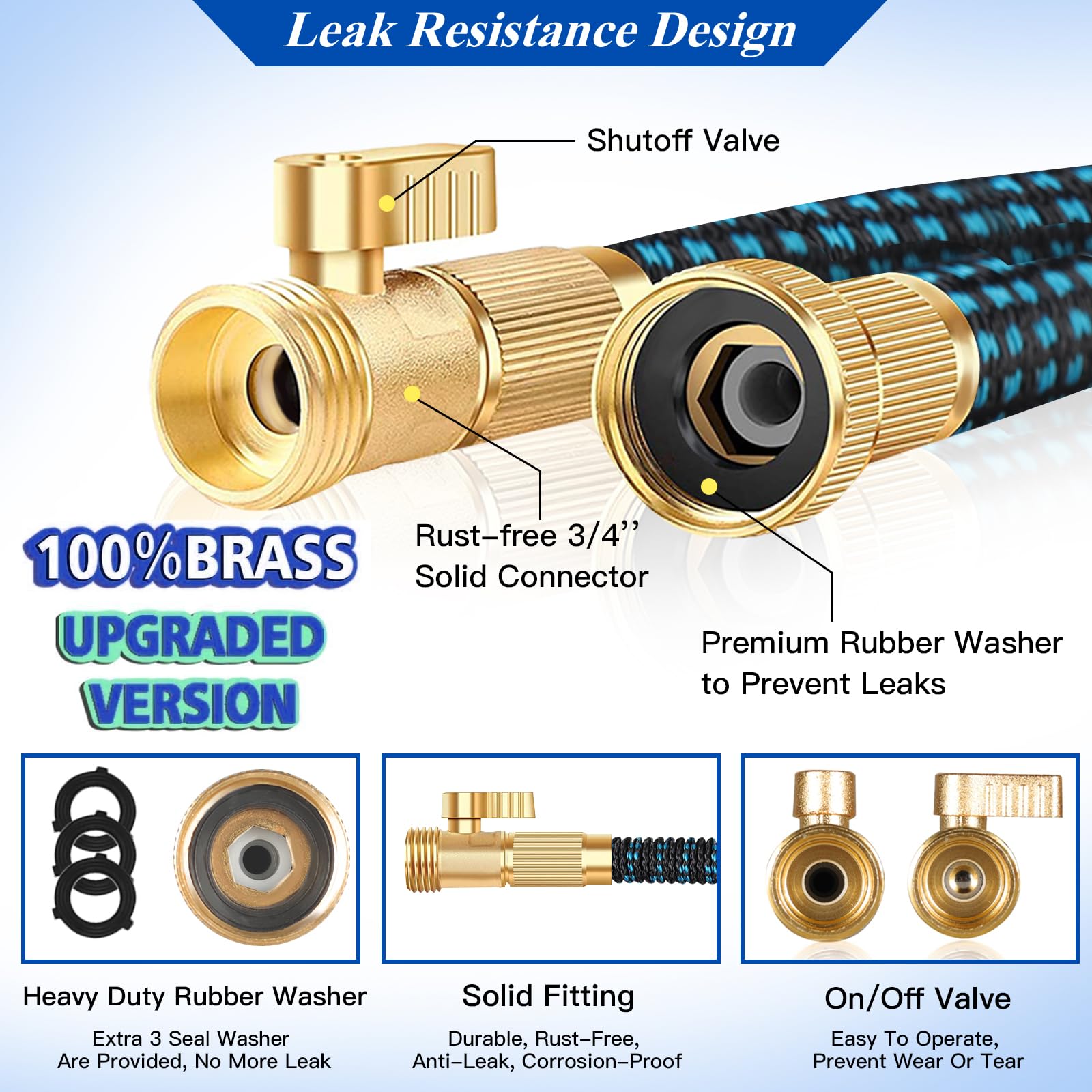 Garden Hose 100FT, Flexible Expanding Water Hose with 10 Function Nozzle, No Kink Lightweight Flexible Garden Water Hose with Solid Fittings for Watering Washing (BLUE)