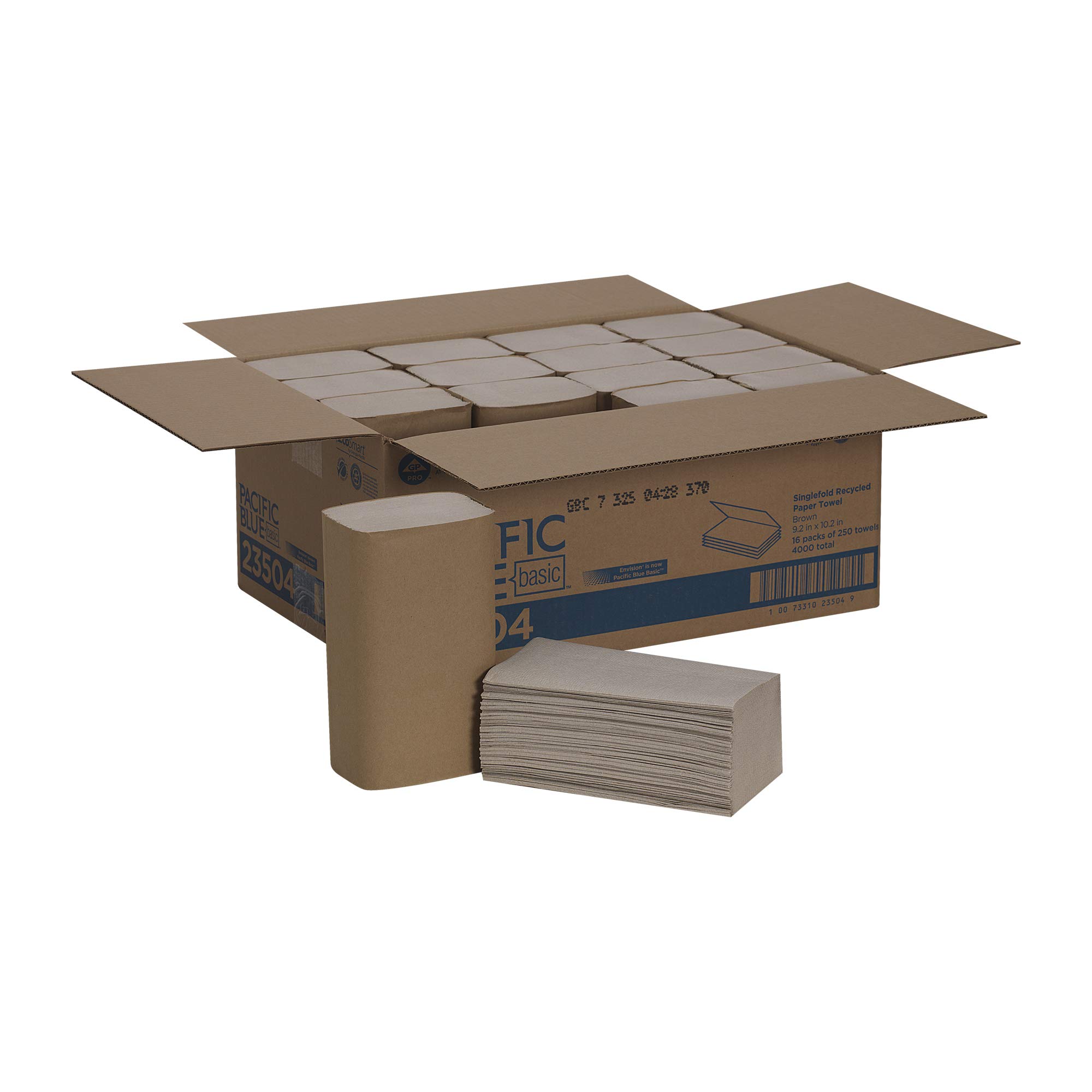 Pacific Blue Basic S-Fold Recycled Paper Towels by GP PRO (Georgia-Pacific); Brown; 23504; 250 Towels Per Pack; 16 Packs Per Case (4000 Total); 9.20" x 10.27