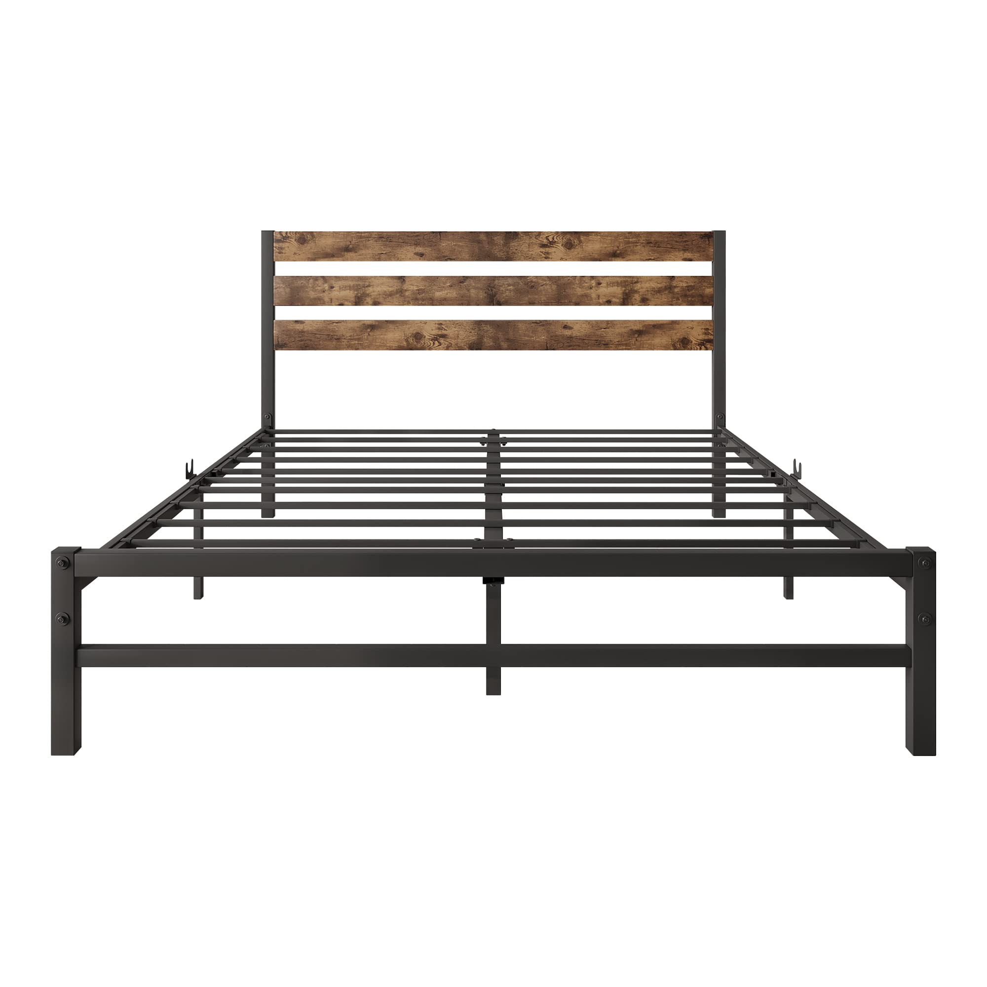 Crocofair Platform Queen Bed Frame with Vintage Wood Headboard,Mattress Foundation,Strong Metal Slats Support,No Box Spring Needed,Easy Assembly,Noise-Free,Black & Rustic