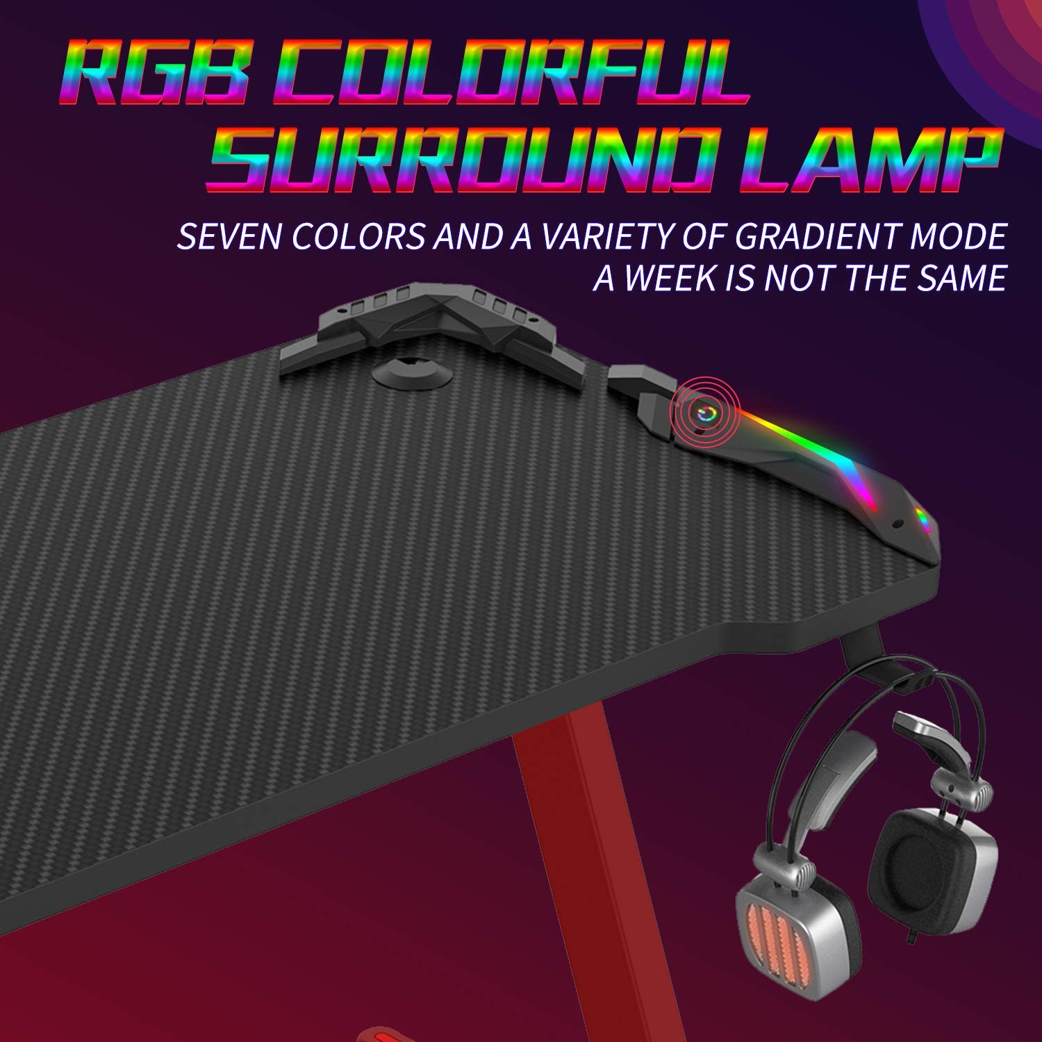 Dancing Wolf New Model Gaming Desk 47 inch with USB Gaming Handle Rack, RGB LED Light，Cup Holder & Headphone Hook (Red)